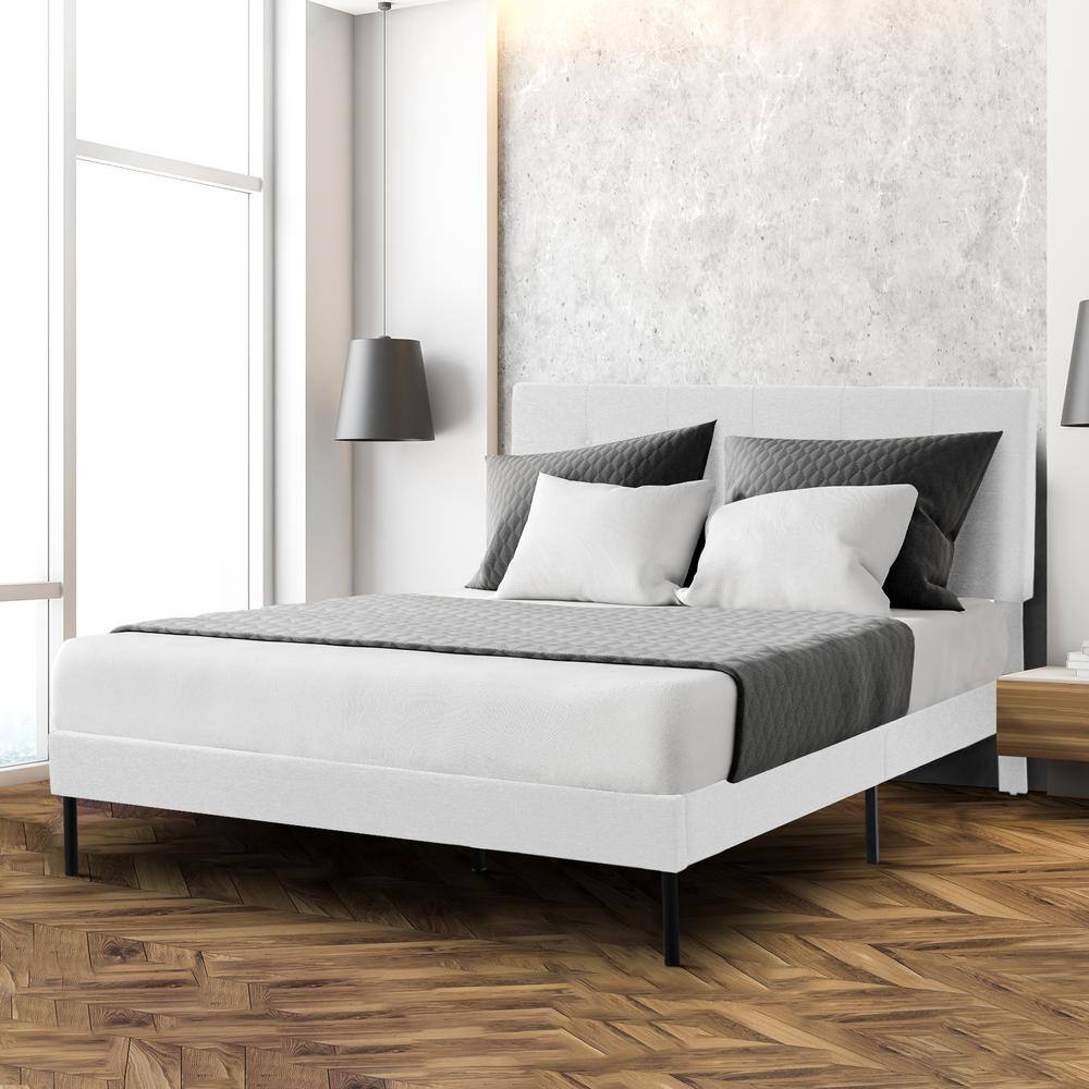 JEAREY Alex White Twin Upholstered Platform Bed Frame with Headboard ...