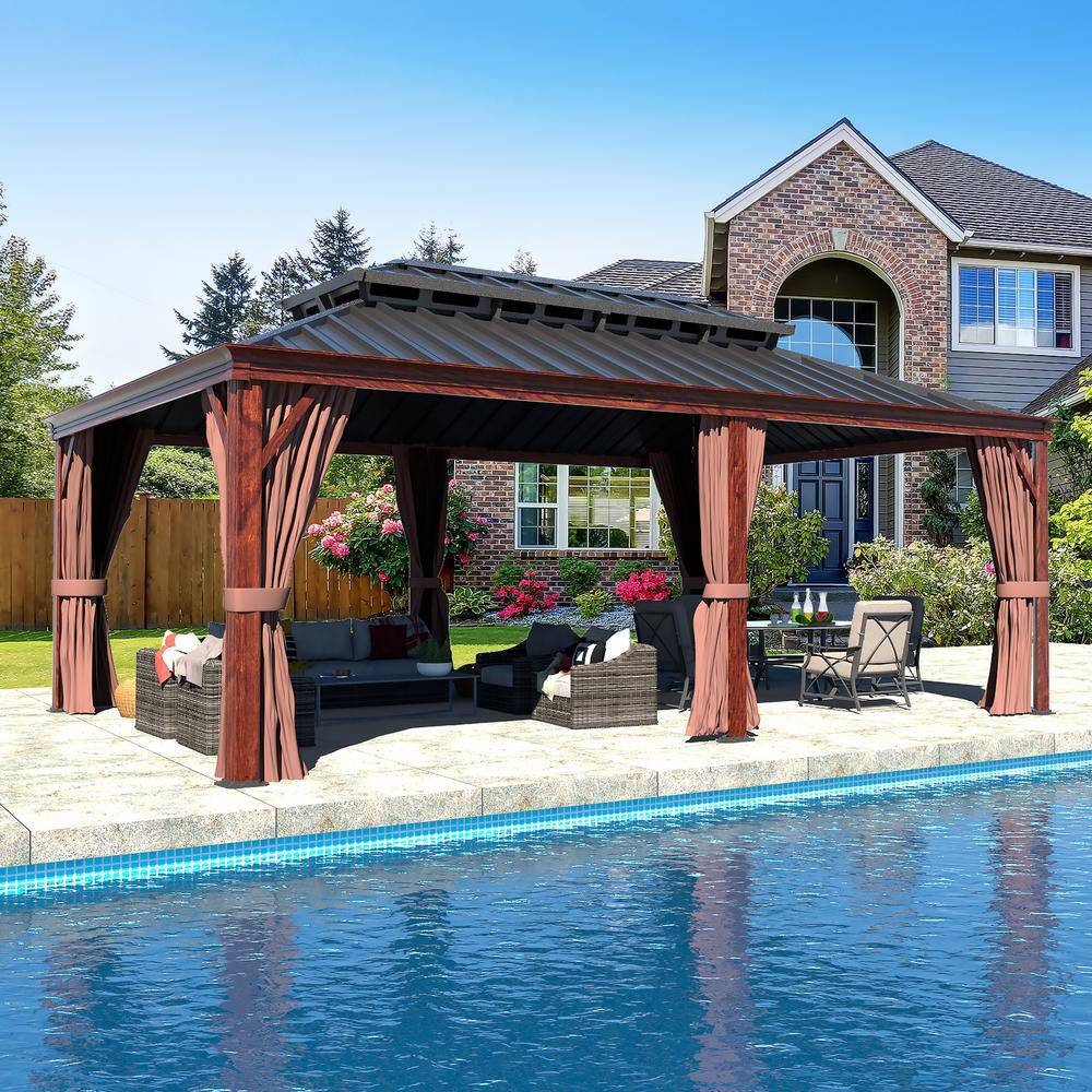 VEIKOUS 20 ft. x 12 ft. Wood Grain Aluminum Double Hardtop Gazebo with ...