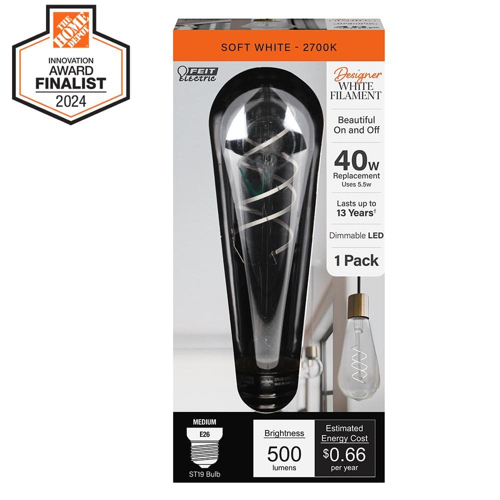 Feit Electric 40-Watt Equivalent ST19 Dimmable Double Spiral White Filament Clear E26 Vintage ...