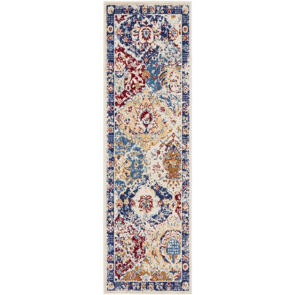 Nourison Grafix Blue Multicolor 2 ft. x 8 ft. Medallion Traditional ...