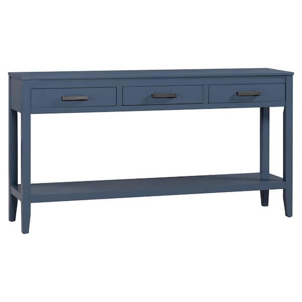 Tatahance 59.1 in. L Navy Blue Rectangle Wood Console Table with 3 ...
