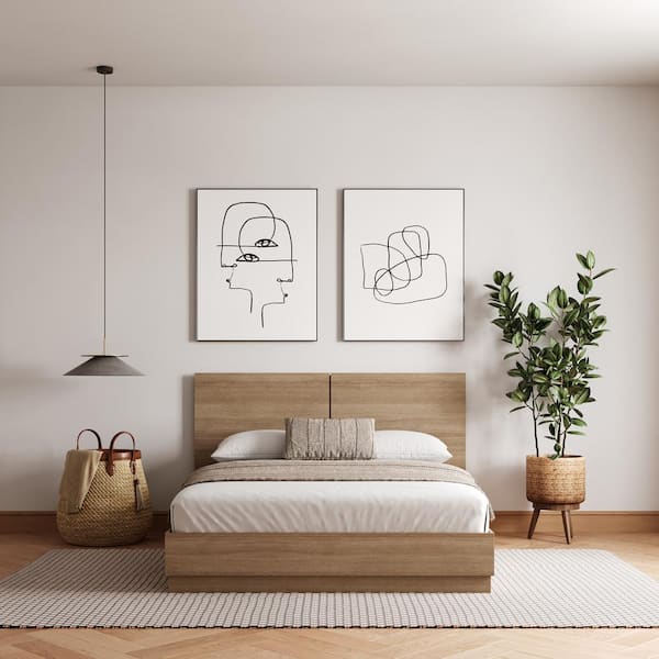 Nexera Milano Brown Oak Frame Queen Size Platform Bed with Headboard 403064