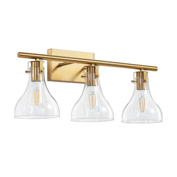 KAISITE 23.4 in. 3-Light Brushed Gold Vanity Light with Clear Glass ...
