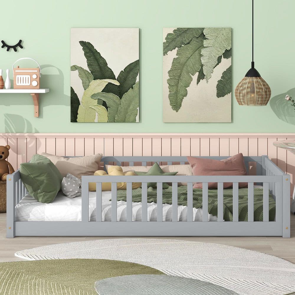 Tatahance Gray Wood Twin Size Floor Platform Bed with Safety Guardrails ...