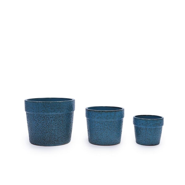 3-Piece Blue Ceramic Flowerpots, Planter Pots with Varied Sizes WH3273P ...