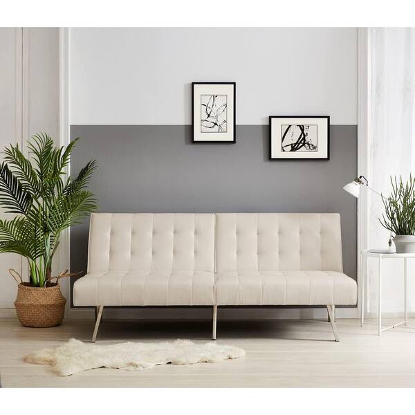HOMESTOCK Cream Faux Leather Tufted Split Back Futon Sofa Bed Couch Bed Futon Convertible Sofa Bed with Metal Legs 98835 The Home Depot