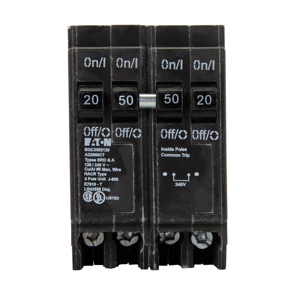 Eaton BR 1- 50 Amp 2-Pole and 2-20 Amp 1 Pole BQC (Common Trip) Quad ...