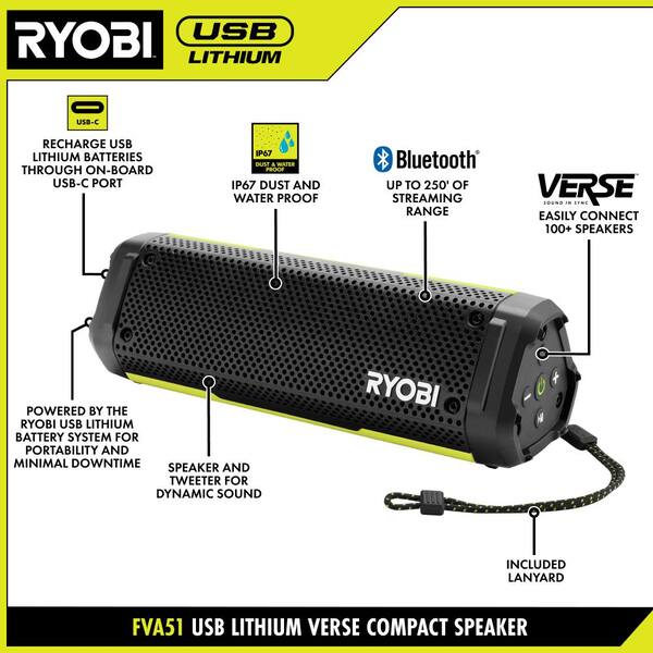 RYOBI USB Lithium Cordless Bluetooth Charging Speaker Kit with 2.0 Ah ...