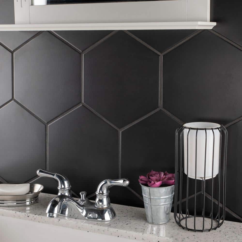 Merola Tile Textile Basic Hex Black 8-5/8 in. x 9-7/8 in. Porcelain ...