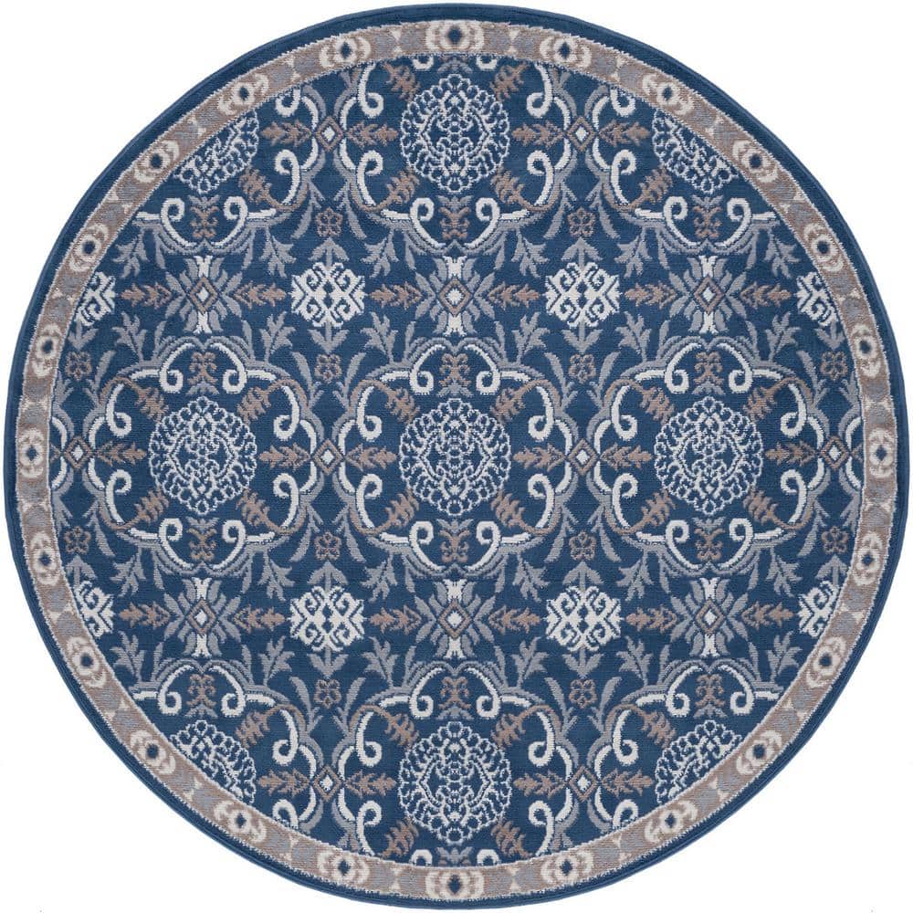 Tayse Rugs Hampton Brocade Navy 6 ft. Round Indoor Area Rug HMP3807 ...