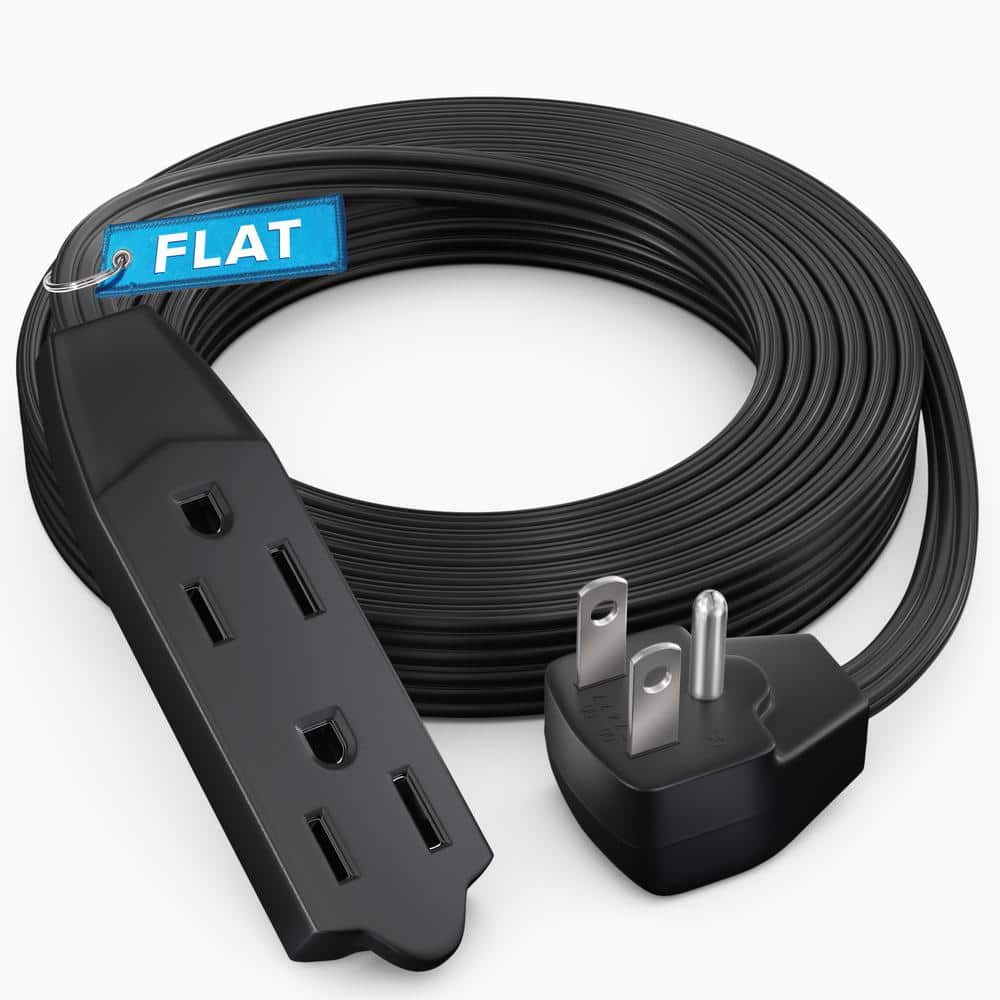 MAXIMM 12 ft. 16/3 Light Duty Indoor Extension Cord Flat Plug Flat Wire 3-Outlet, 13Amps, Black ...