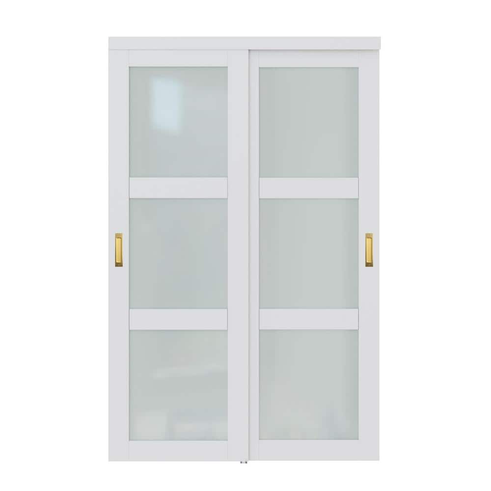 EH PUERTA 48 in. x 80 in. 3-Lite Tempered Frosted Glass Closet Sliding ...