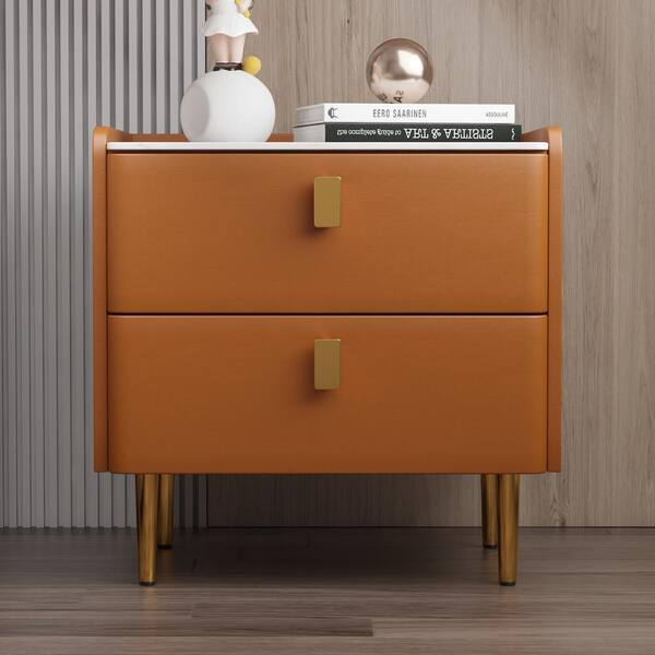 Magic Home 1 Drawer Orange PU Nightstand with Golden Legs 19.69 in. x 15.75 in. x 19.69 in. MH NS002OR
