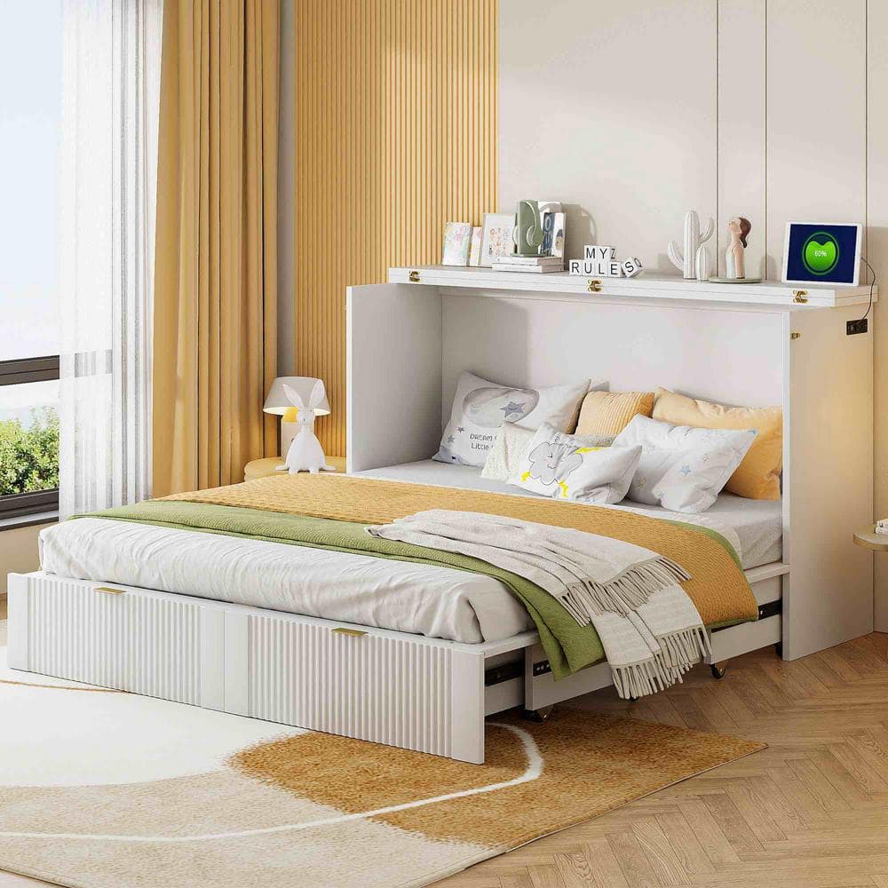 Polibi White Wood Frame Queen Murphy Bed with Drawer and a Set of ...