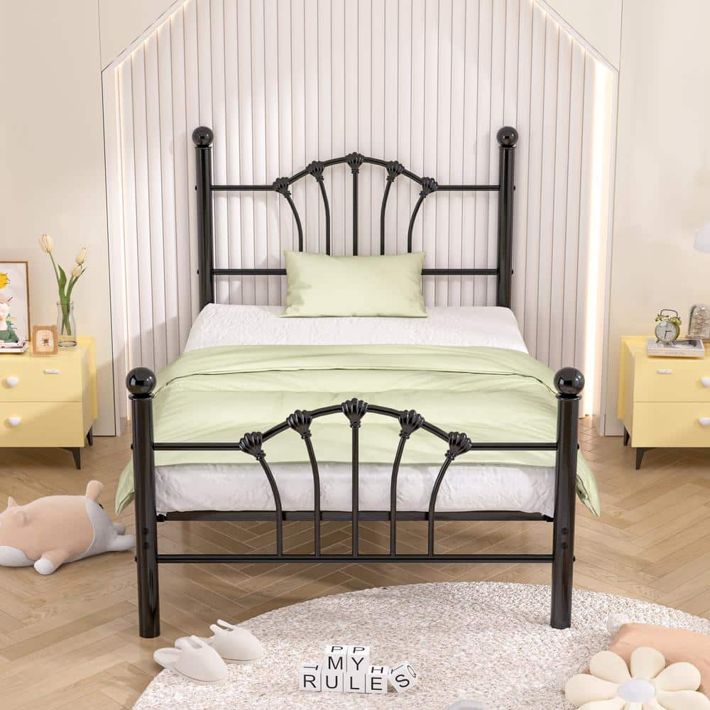 VECELO Bed Frame Black Metal Frame Twin Platform Bed Shell Headboard ...