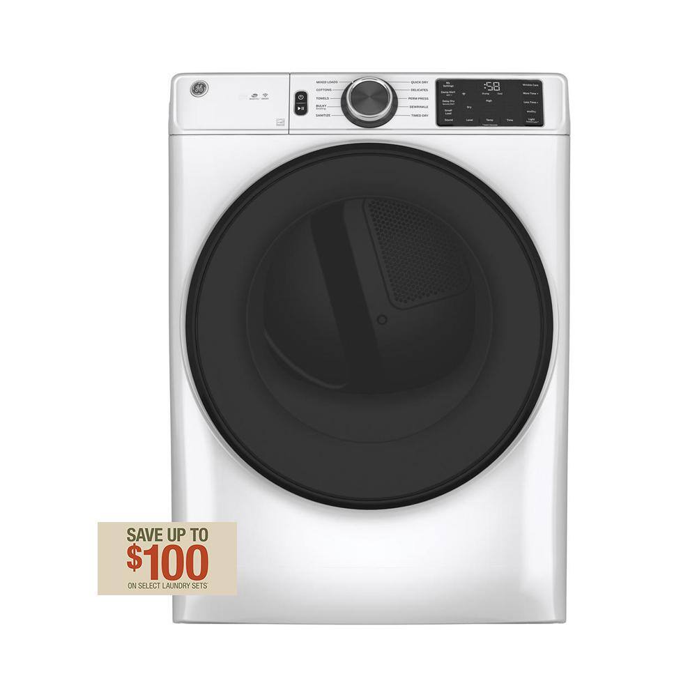GE 7.8 cu. ft. Smart Front Load Electric Dryer in White with Sanitize ...