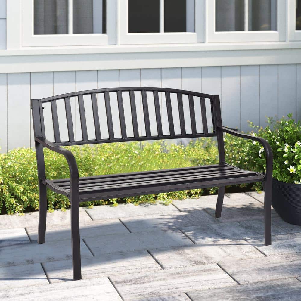 FORCLOVER 50 in. Metal Outdoor Garden Bench in Black HYM-0535 - The ...