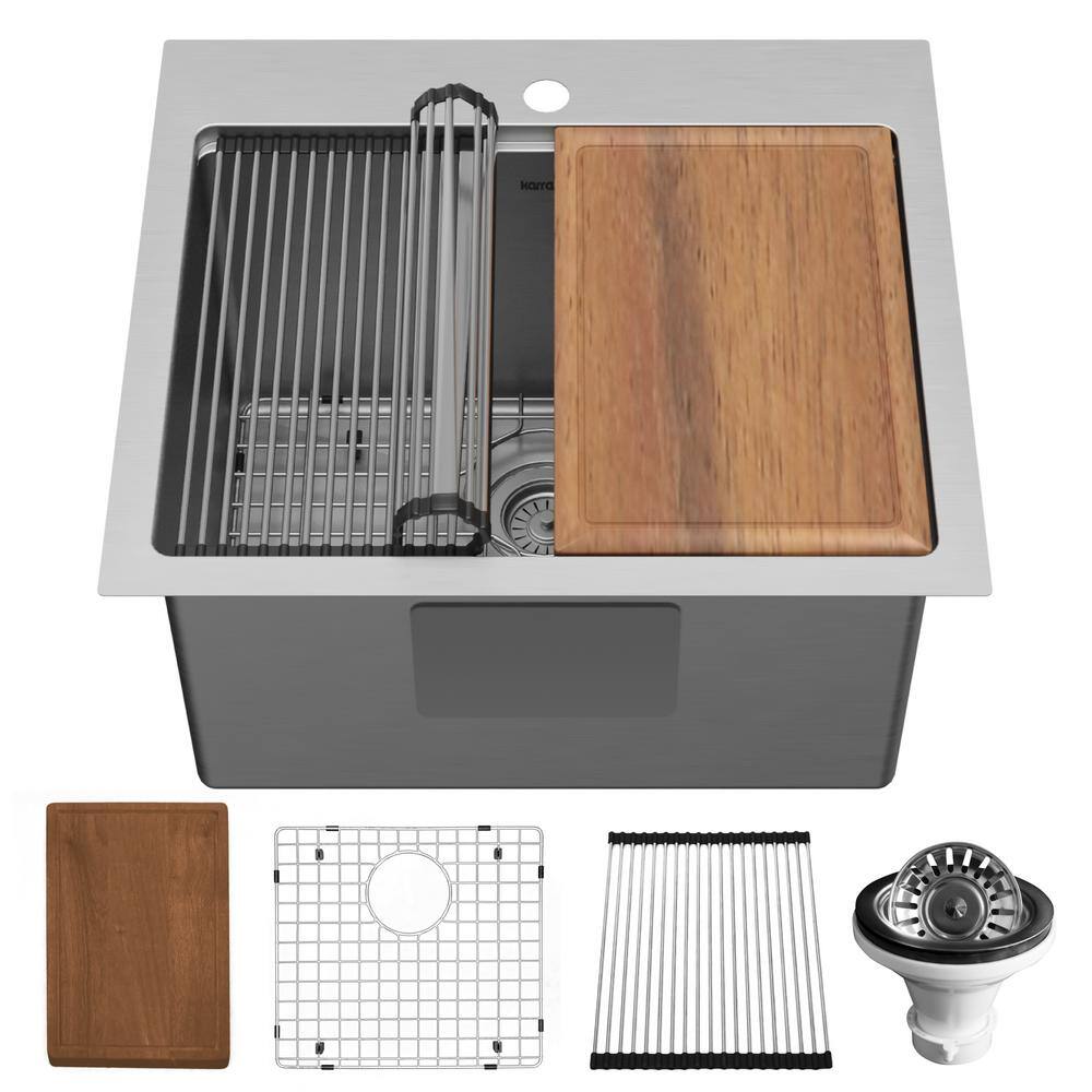 Karran 25 in. Drop-In Single Bowl 16-Gauge Stainless Steel Workstation ...