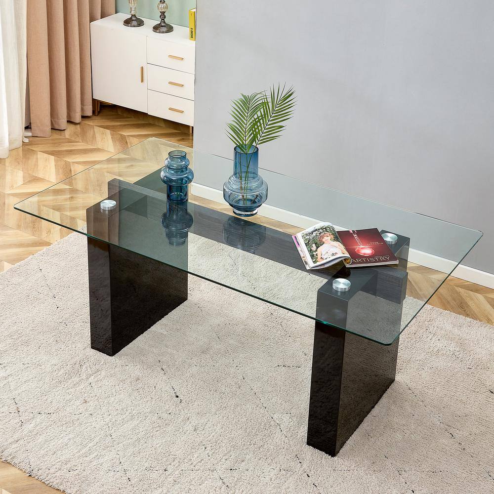 Polibi 71 in. Modern Simple Black Tempered Glass Double Pedestal Dining ...