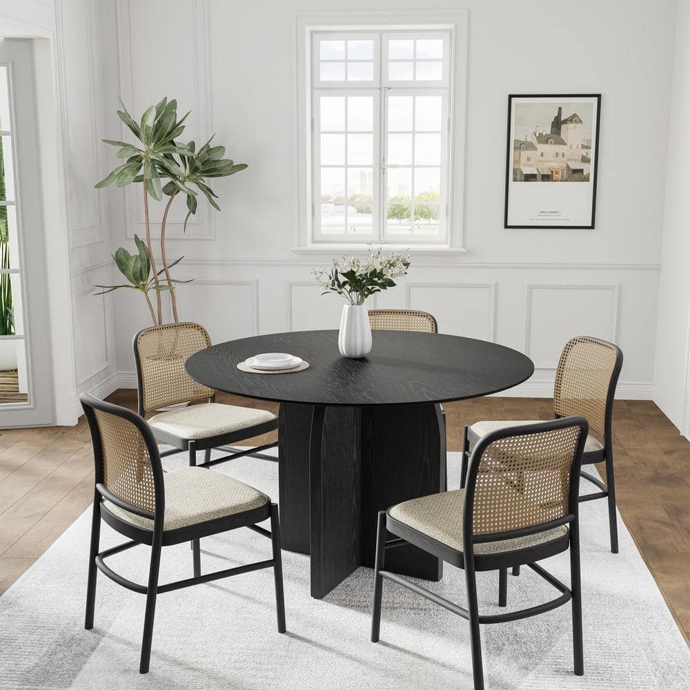 Reviews for Dovelina Flora Modern Black Round Oak Wood Top 45 in. Cross Leg Dining Table Seats 4 ...