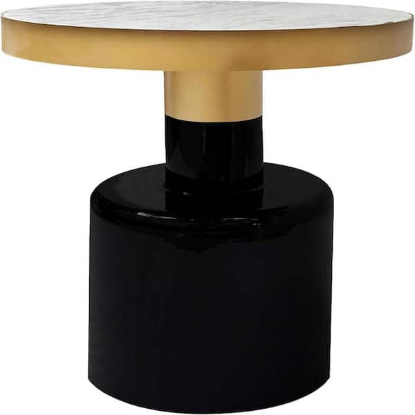 HOME IMPORTS EMPORIUM 14 in. Gold and Black Round Faux Marble End Table ...