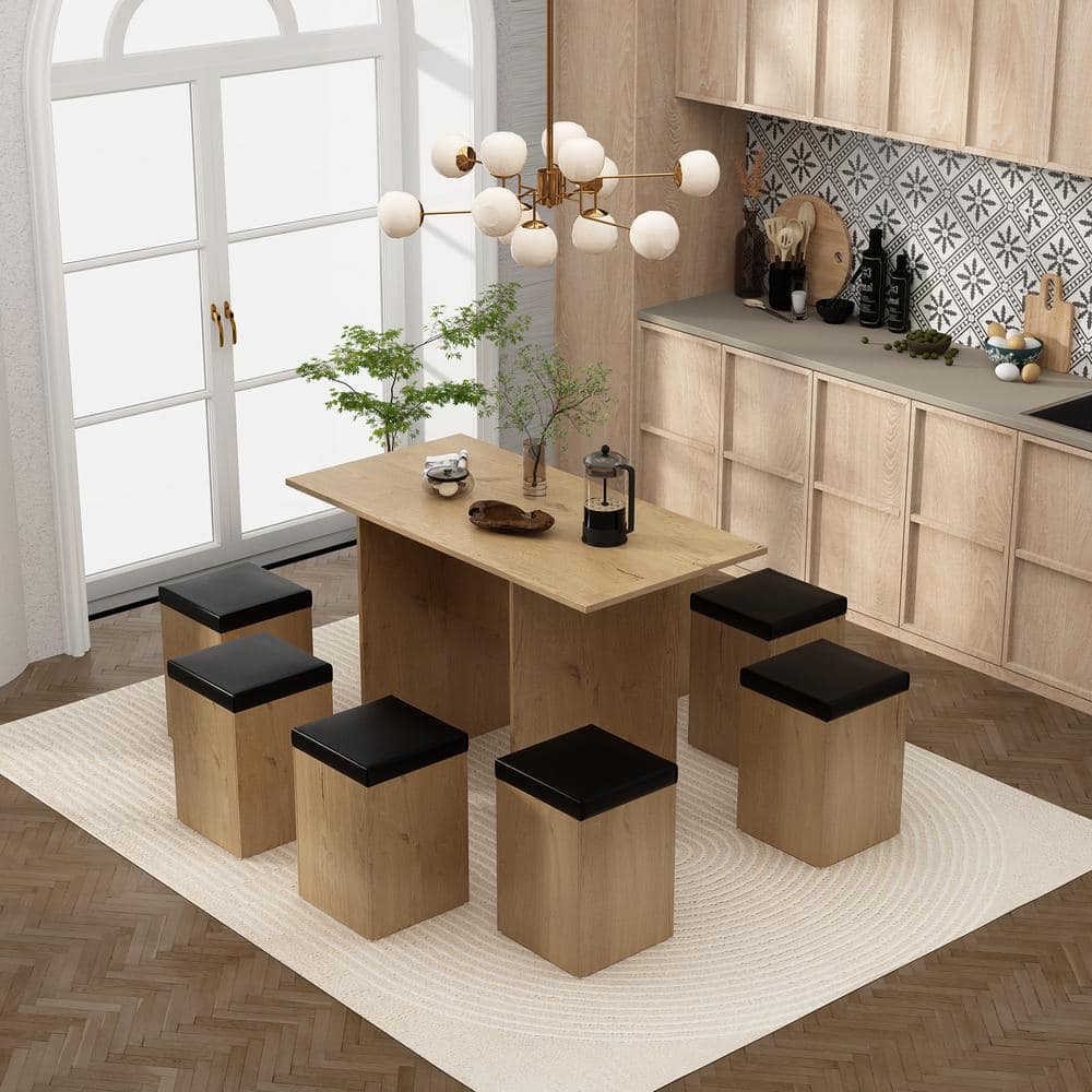 FUFU&GAGA 9-Piece Brown Dining Table Set Kitchen Furniture with ...