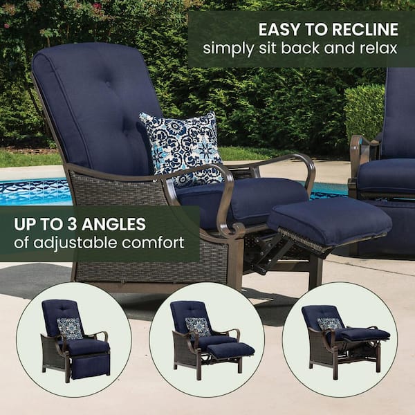 Hanover Ventura All Weather Wicker Reclining Patio Lounge Chair with Navy Blue Cushion VENTURAREC NVY