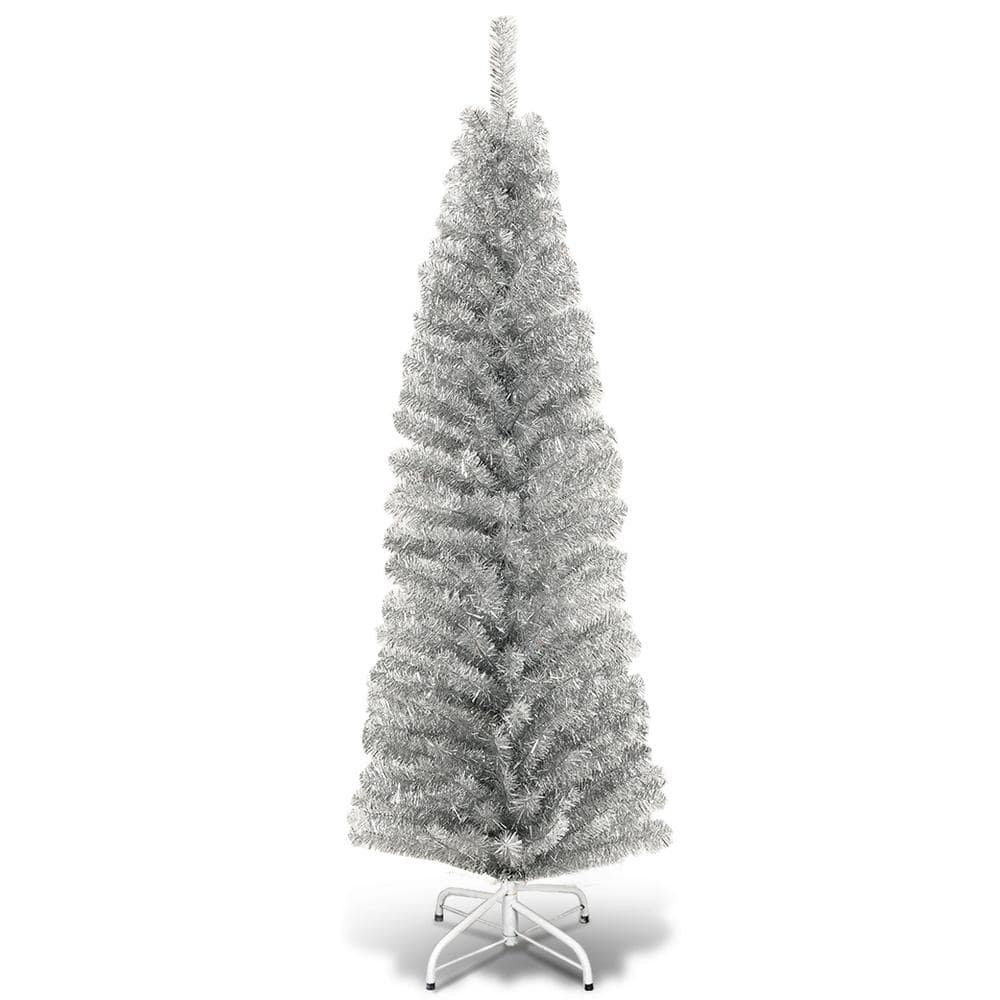 Gymax 6 ft. Sliver Pencil Artificial Christmas Tree Electroplate Pencil ...