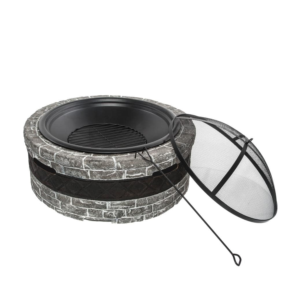 Sun Joe 35 in. x 20.5 in. Round Cast Stone Wood Burning Fire Pit ...
