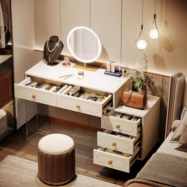 BYBLIGHT Helotes 1 Piece White Makeup Vanity Desk with 5 Drawer Vanity Desk with Transparent Acrylic Base and Legs