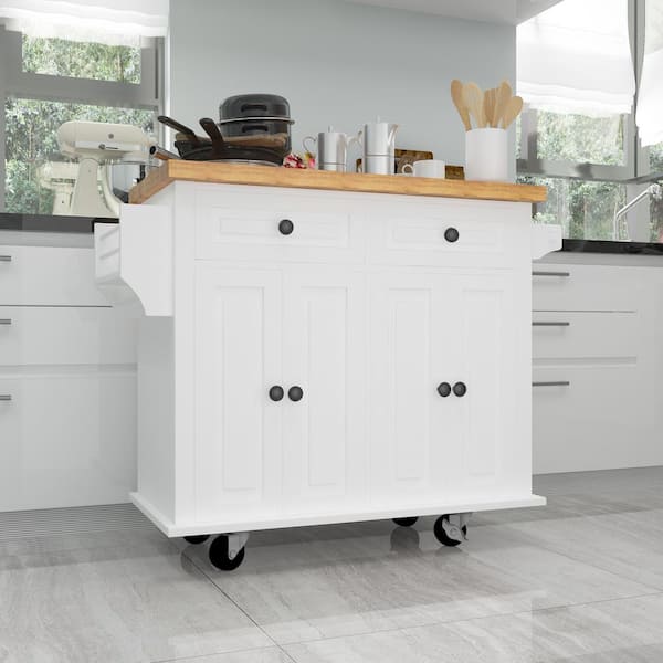 White Wood 43.3 in. Kitchen Island Cart with 2-Storage Cabinets and 2 ...