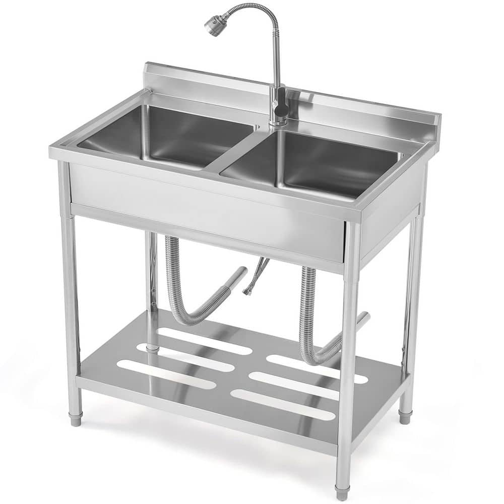 Freestanding Laundry/Utility Sink, Stainless Steel Double Bowl Sink ...