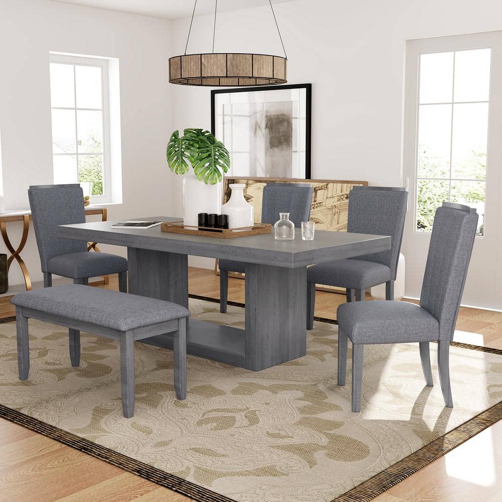 Harper & Bright Designs Gray 6-Piece Wood Top Extendable Dining Set ...
