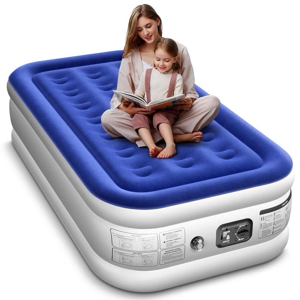 Angel Sar 16 in. Blue and White Twin Air Mattress with Built in Pump ...