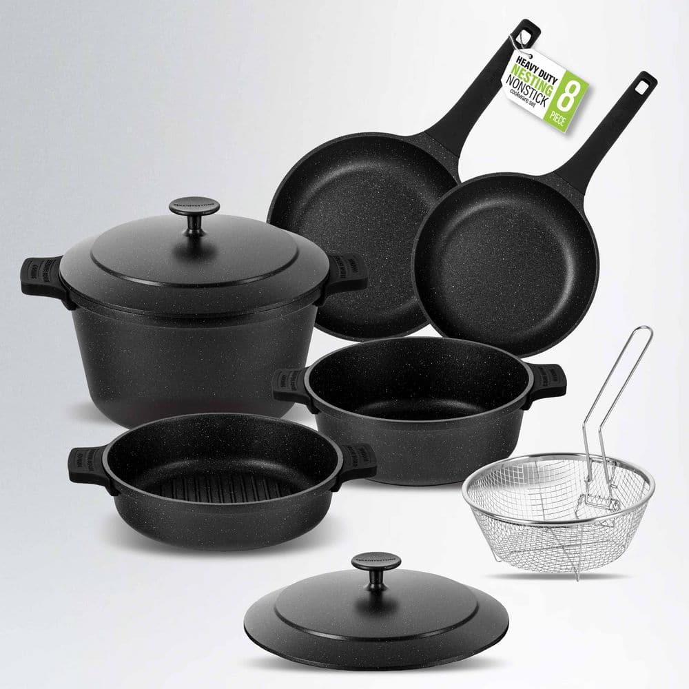 GRANITESTONE 8-Piece Cast Aluminum Heavy Duty Nesting Nonstick Cookware ...