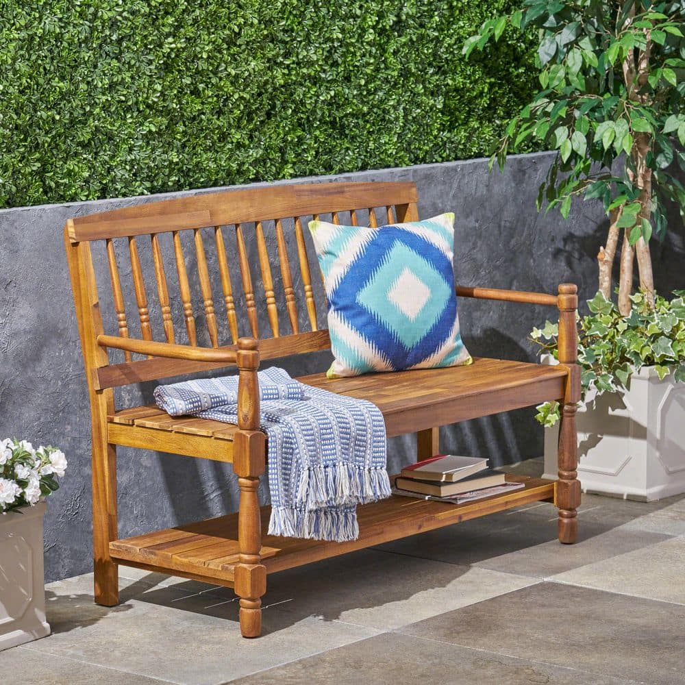 Modern rustic style 52 in. 2-Person Teak Wood Outdoor Bench with Shelf ...