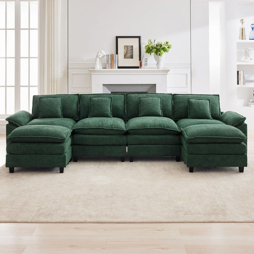 JEAREY Avocado Green 136.6 in. Chenille Fabric 6-Seat Pillow Top Arm U ...