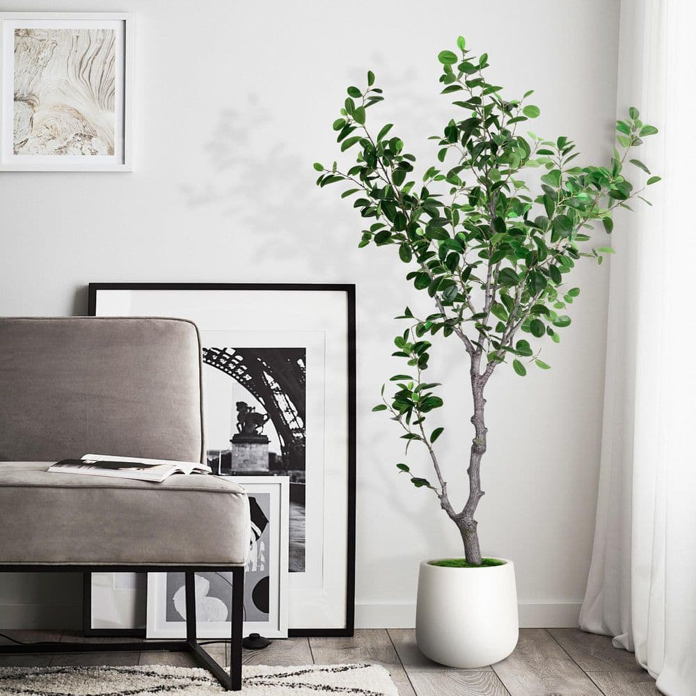 Edvivi 6 ft. Artificial East Ficus Tree in White Decor Pot, Faux Green ...