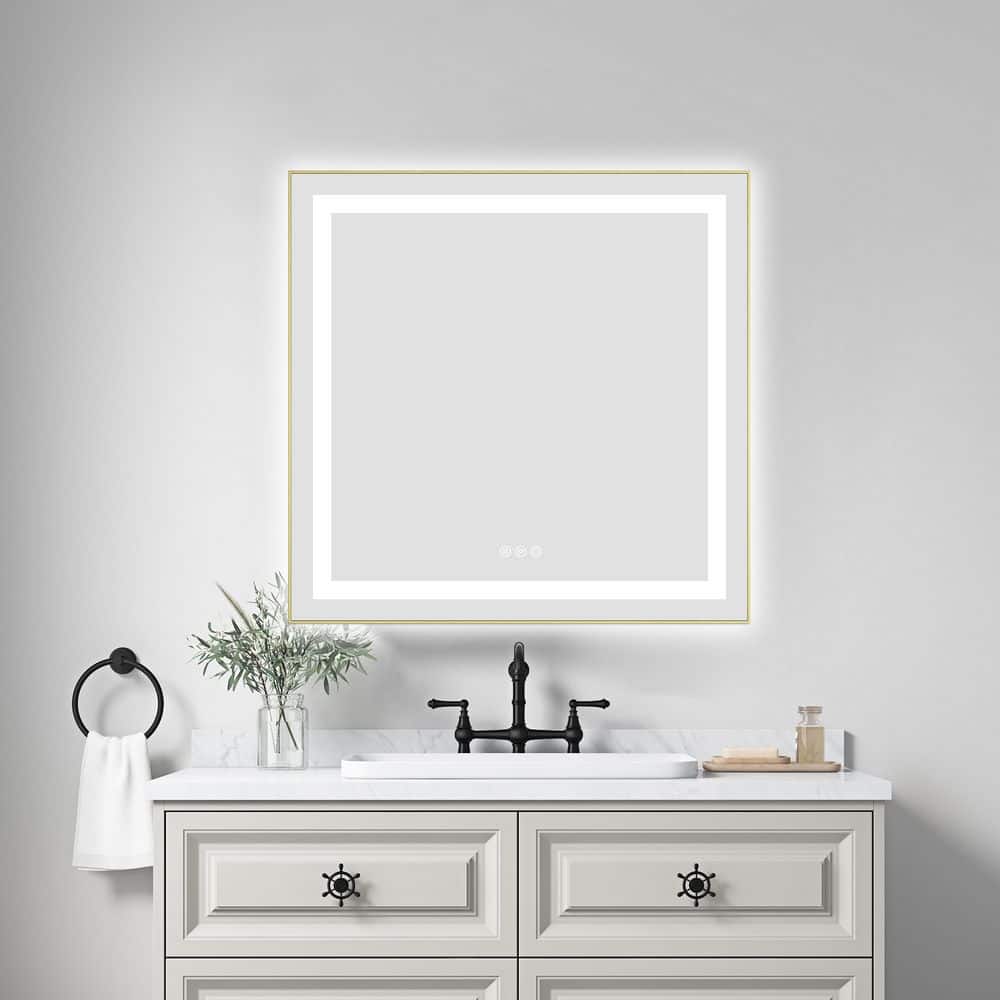 Brushed Gold 30 in. W x 30 in. H LED Metal Frame Wall Mounted Vanity ...