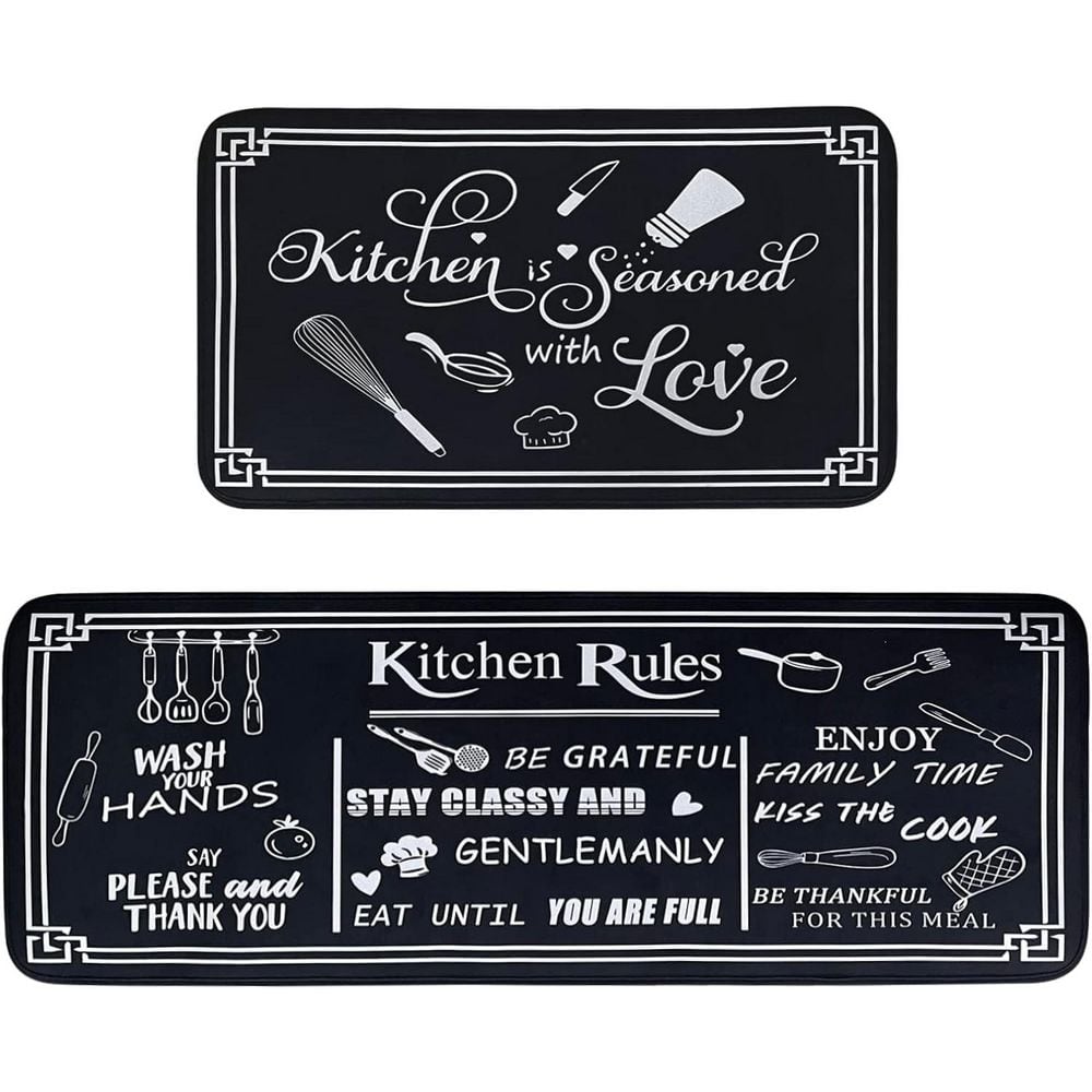 Non Skid Indoor Black Kitchen Rugs Sets of 2, Size 17"x 47"+17"x 30 ...
