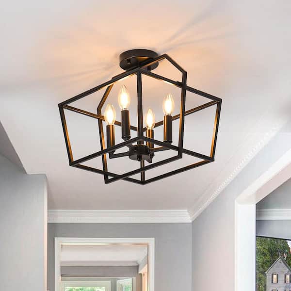 PAKOKULA Modern 15 in. 4-Light Matte Black Industrial Geometric Semi ...