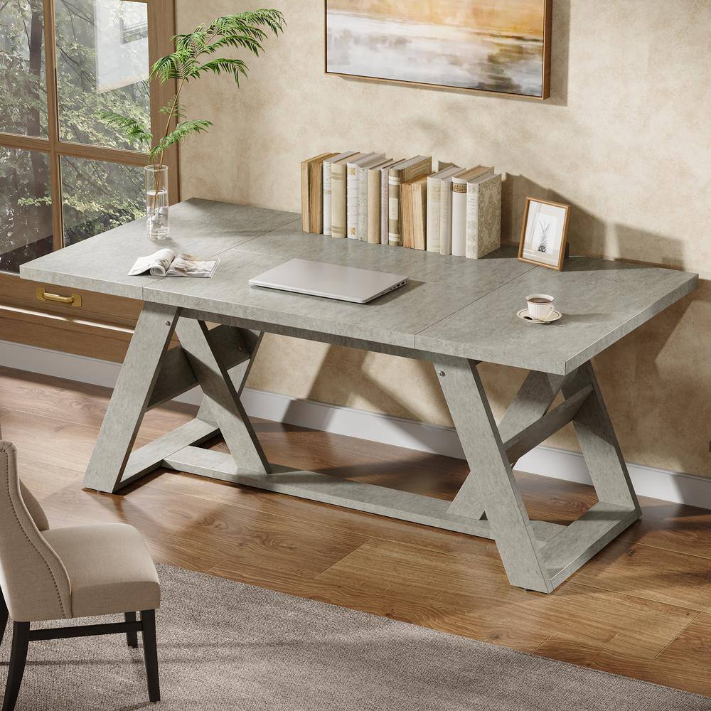 BYBLIGHT Moronia 70.9 in. Rectangle Gray Wood Executive Desk, Farmhouse ...