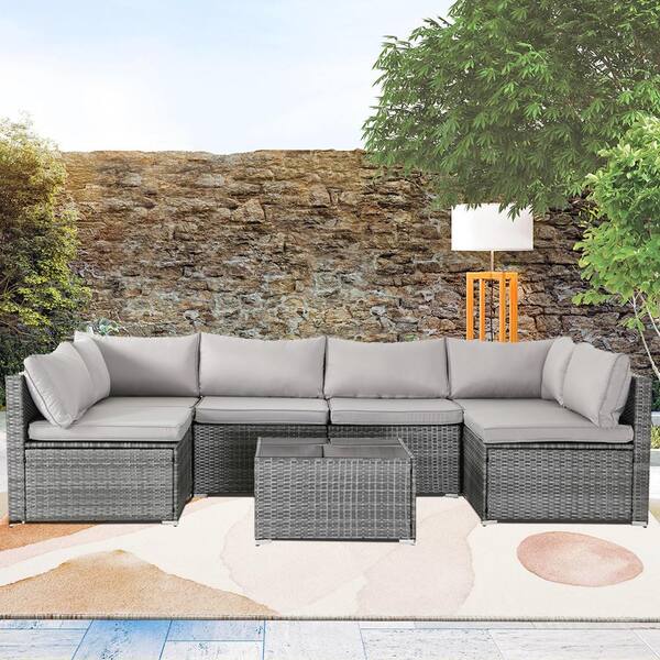 Runesay Modern 7 Piece Gray Wicker Rattan Outdoor Patio Sectional Sofa Set with Light Gray Cushions LLZG 6601GYGY The Home Depot