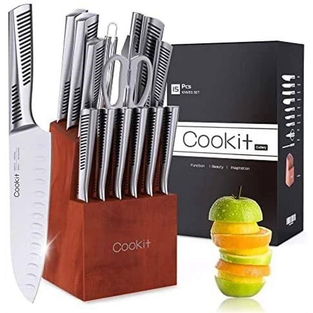 FUNKOL Brown Stainless Steel Kitchen Knife Set with 15 Knives Dly6646 ...