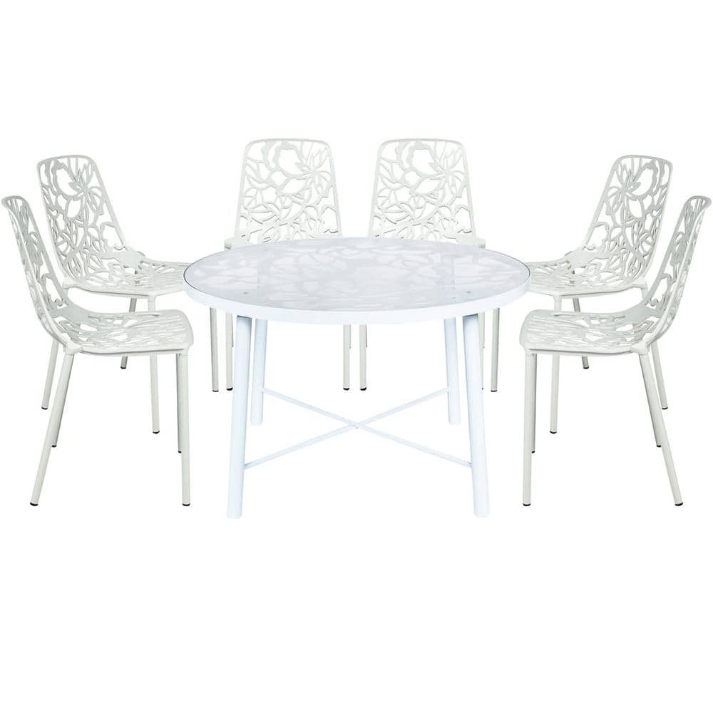 Leisuremod Devon White 7-Piece Aluminum Patio Outdoor Dining Set with ...