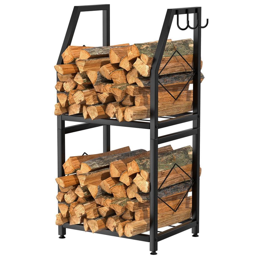 15.7 in Firewood Rack for Indoor, 2-Tier Firewood Holder with 3 Hanging ...