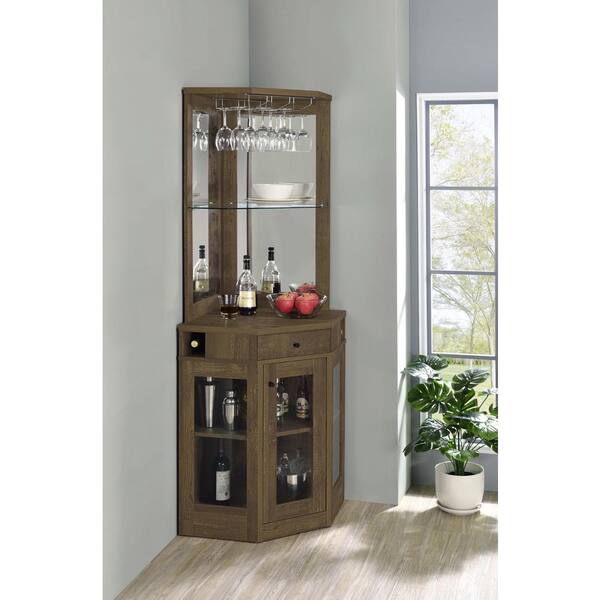 Coaster Alviso Rustic Oak 70.75 in. H Corner Bar Cabinet with Stemware Rack 182303 The Home Depot
