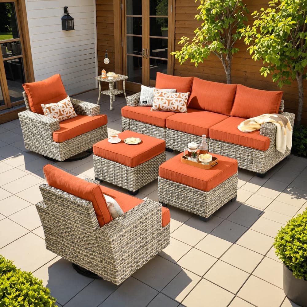 OVIOS Tiberte Gray 8-Piece Wicker Patio Conversation Seating Set with ...
