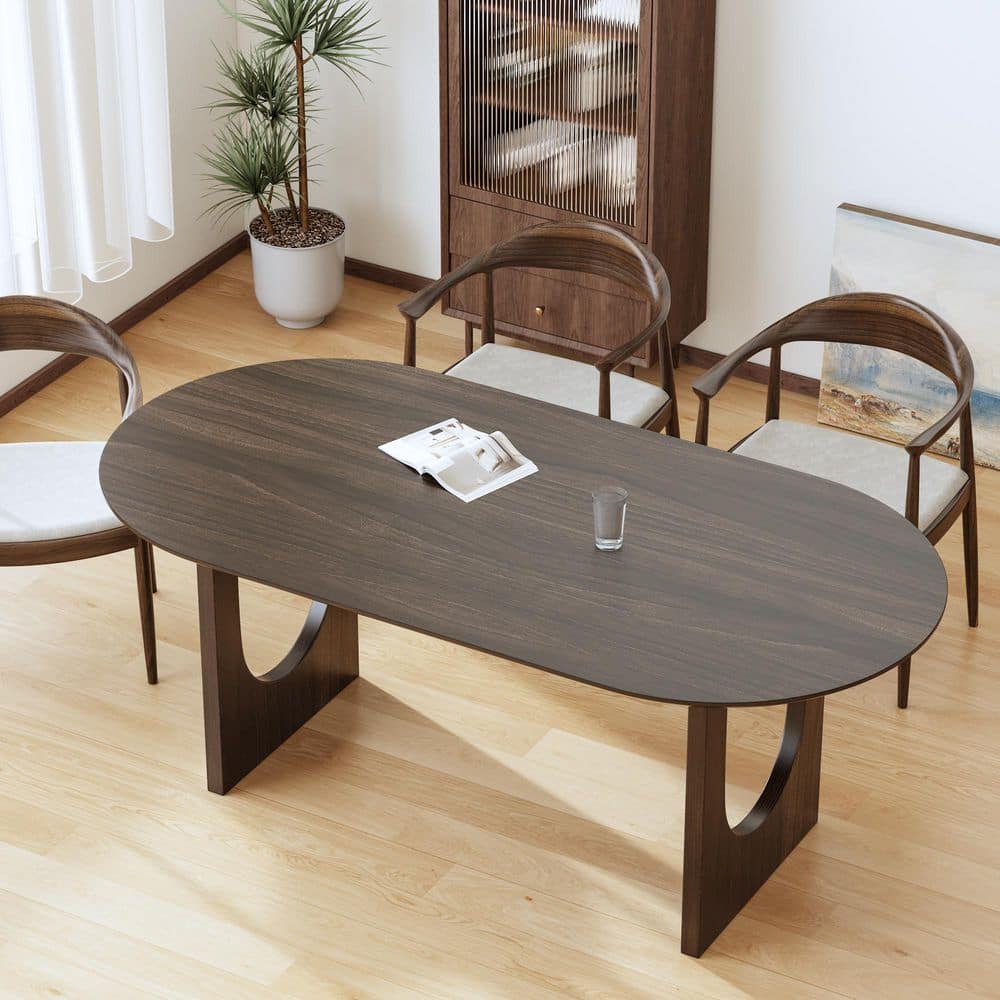 Lirago Oval Walnut Solid Wood 79 in. Kitchen Tables Double Pedestal ...