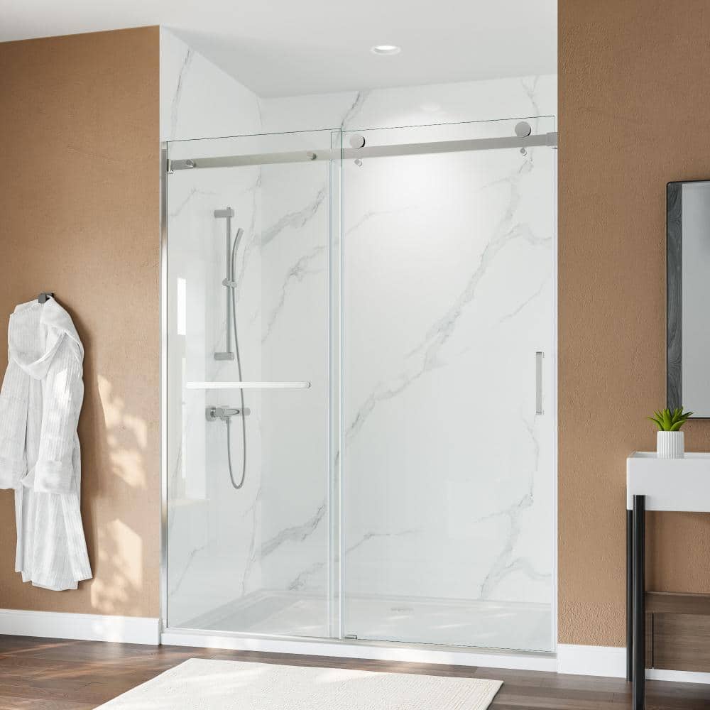HMMHVV 56-60 in. W x 75 in. H Frameless Alcove Sliding Shower Door with Stainless Steel for ...